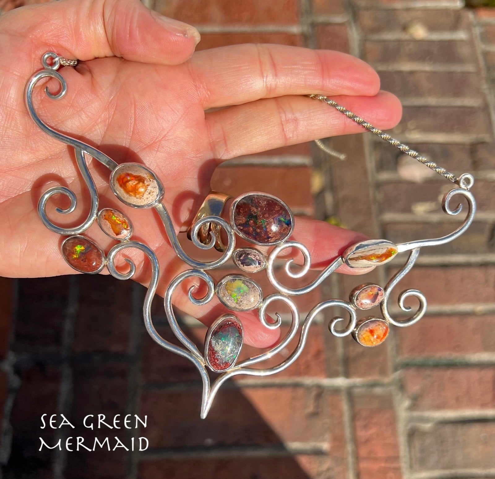 Mexican Boulder + Jelly Opal Multi-Gem Pendant Necklace. 5"+ 68g *VIDE – Sea Green Mermaid