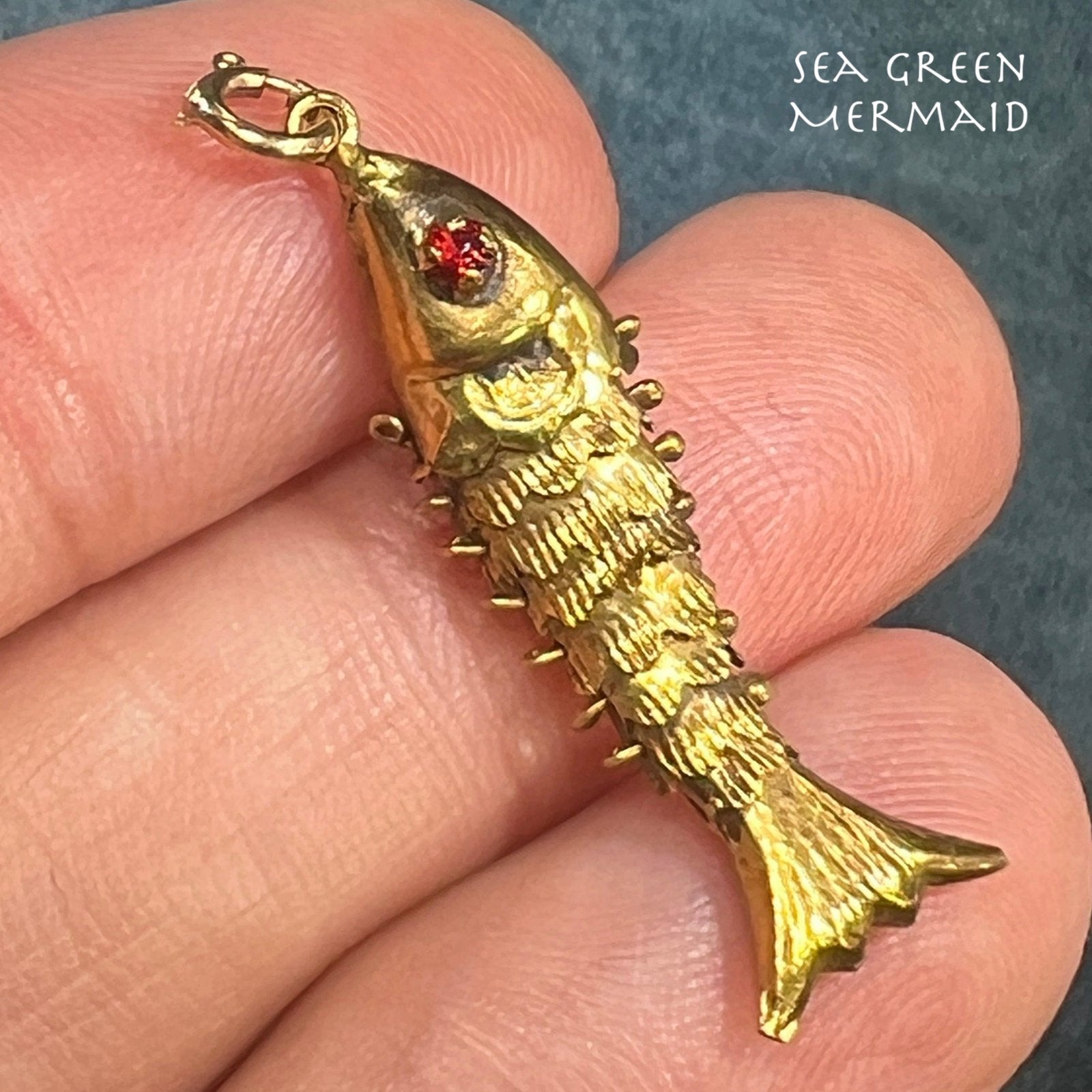 10k Gold Articulated Jointed Wiggly Fish Pendant w Ruby – Sea Green Mermaid