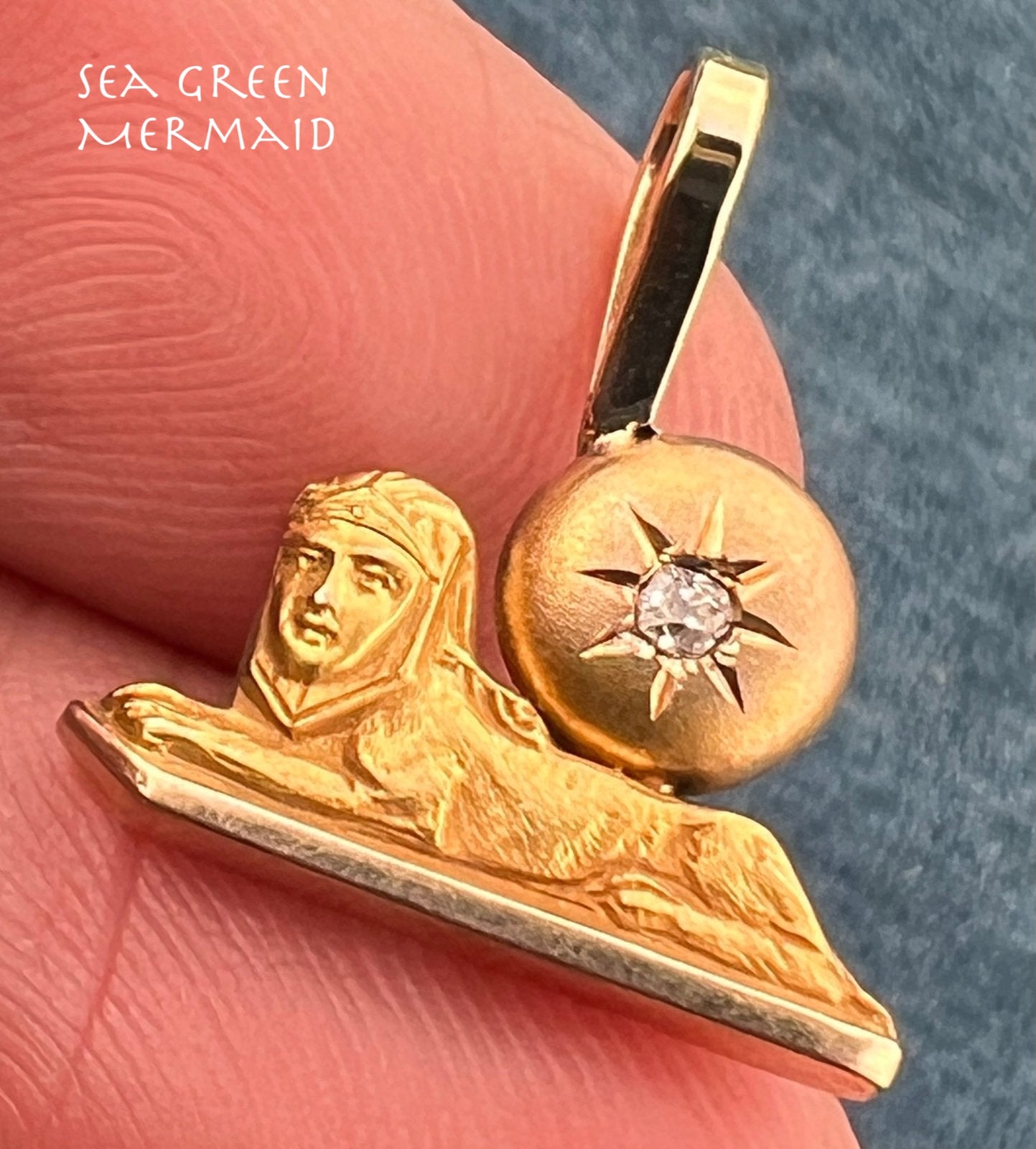 10k Gold Egyptian SPHINX Pendant w Gypsy-Set Diamond *TINY* – Sea Green ...