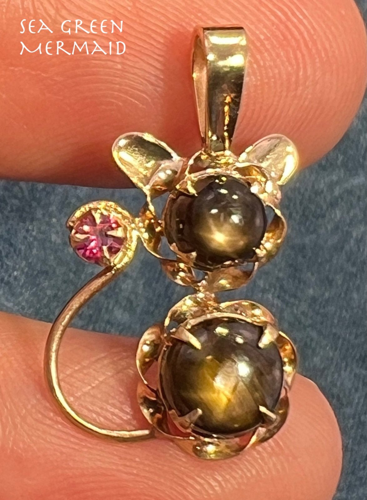 10k Gold Natural Star Sapphire + Ruby Kitty Cat Pendant. Jelly Belly ...