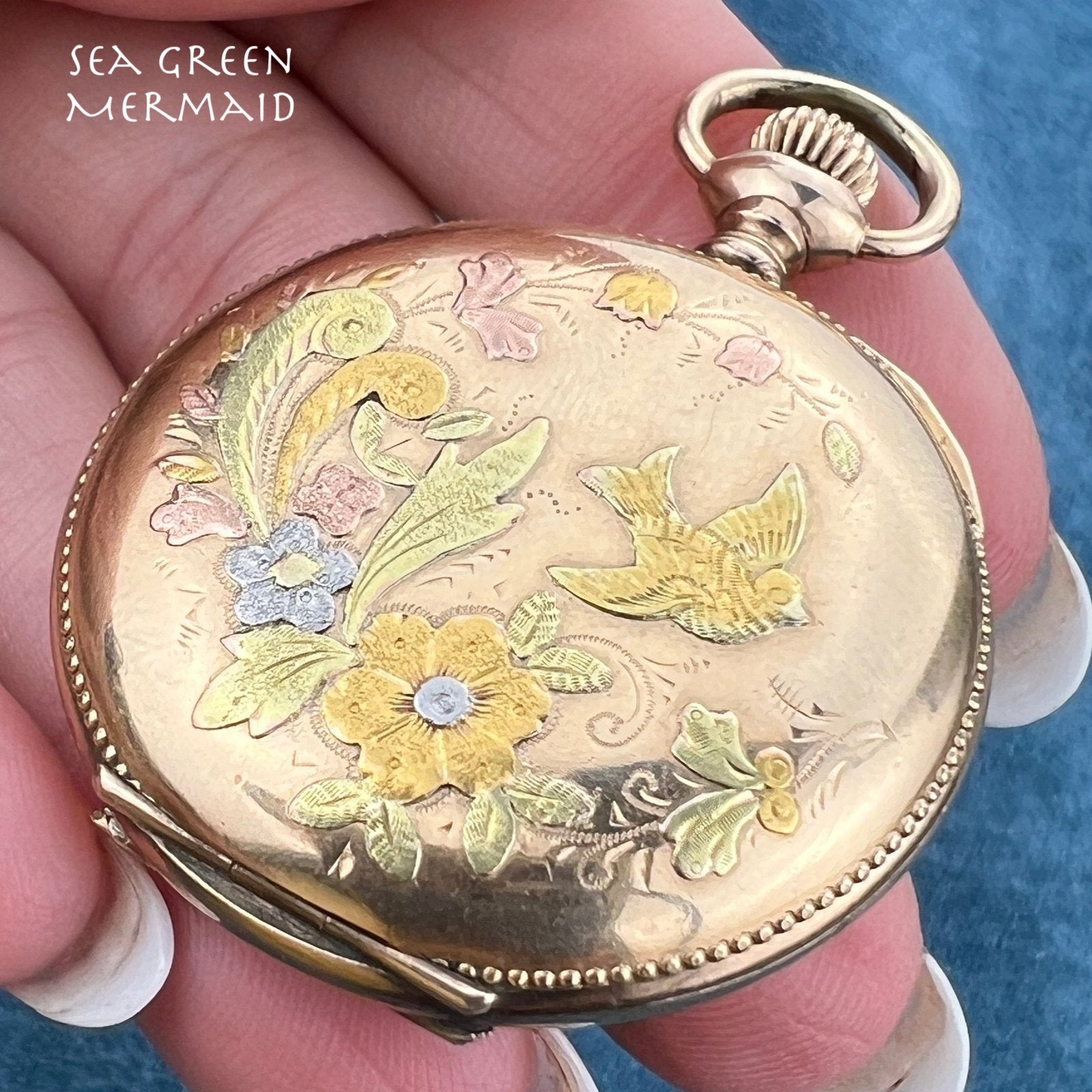 14k 4-Color Gold Pocket Watch Locket Pendant w Bird. *Video* – Sea ...
