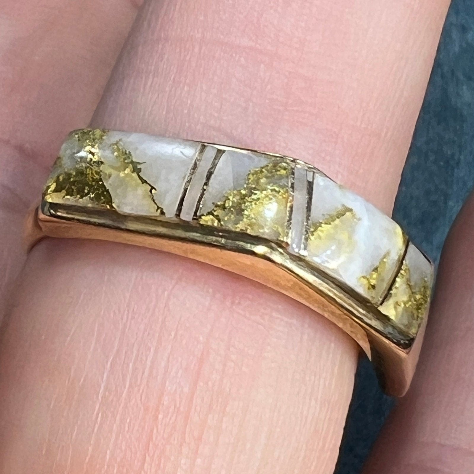 14k Gold ALASKAN GOLD QUARTZ Angled Ring. Wide Band. L – Sea Green Mermaid