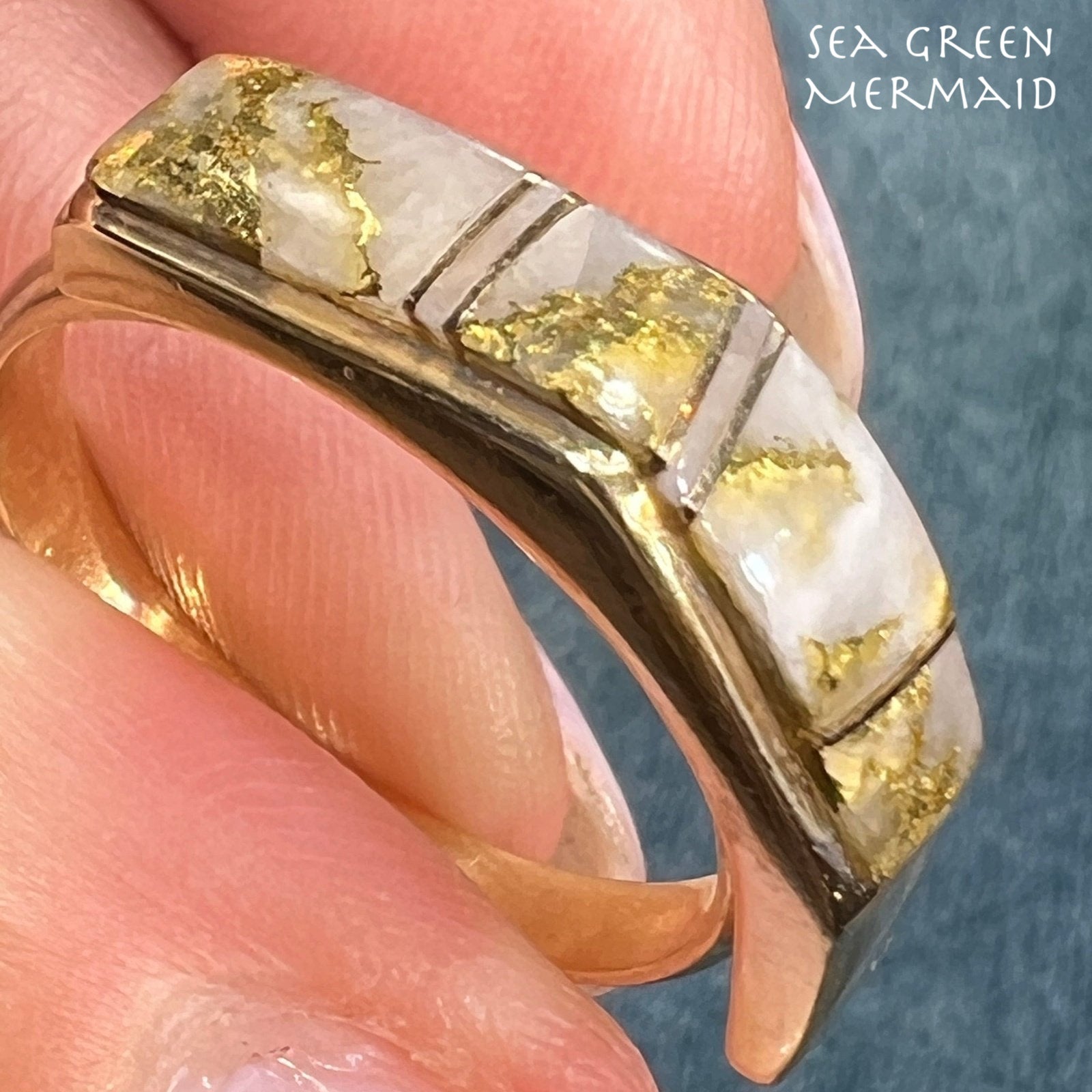 14k Gold ALASKAN GOLD QUARTZ Angled Ring. Wide Band. L – Sea Green Mermaid