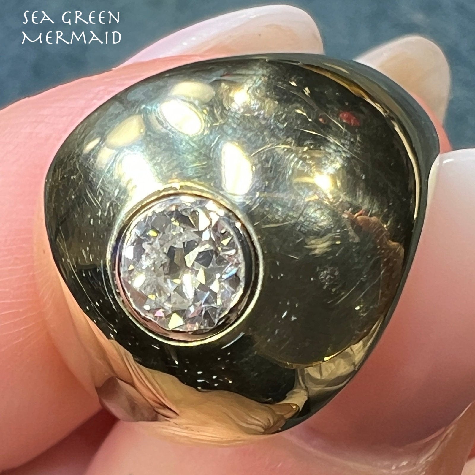 14k Gold Bezel-Set Diamond Wide Signet Dome Ring. 1/2" + 8g *Video ...