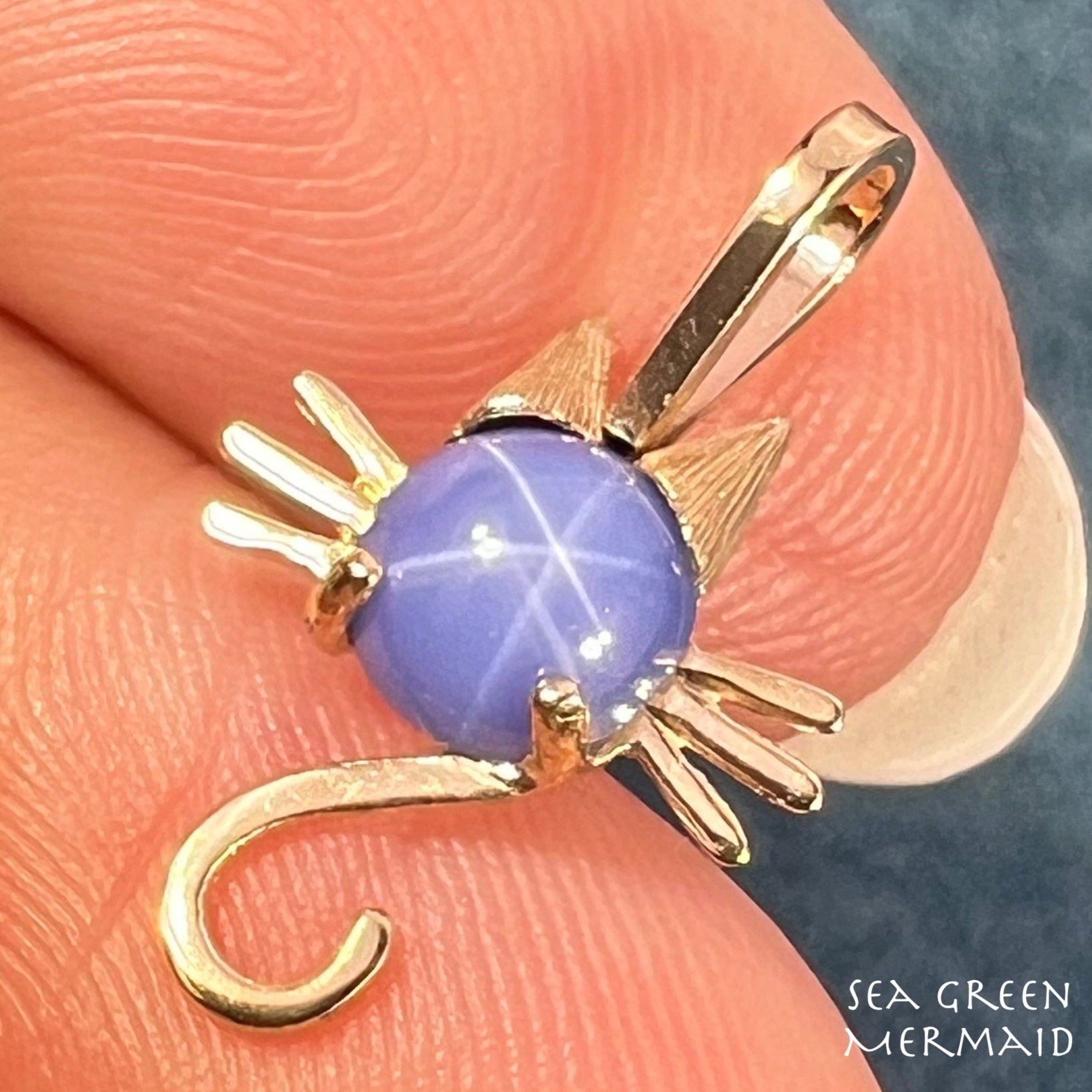 14k Gold Lindy Blue Star Sapphire Kitty Cat Pendant. Whiskers! Tiny ...