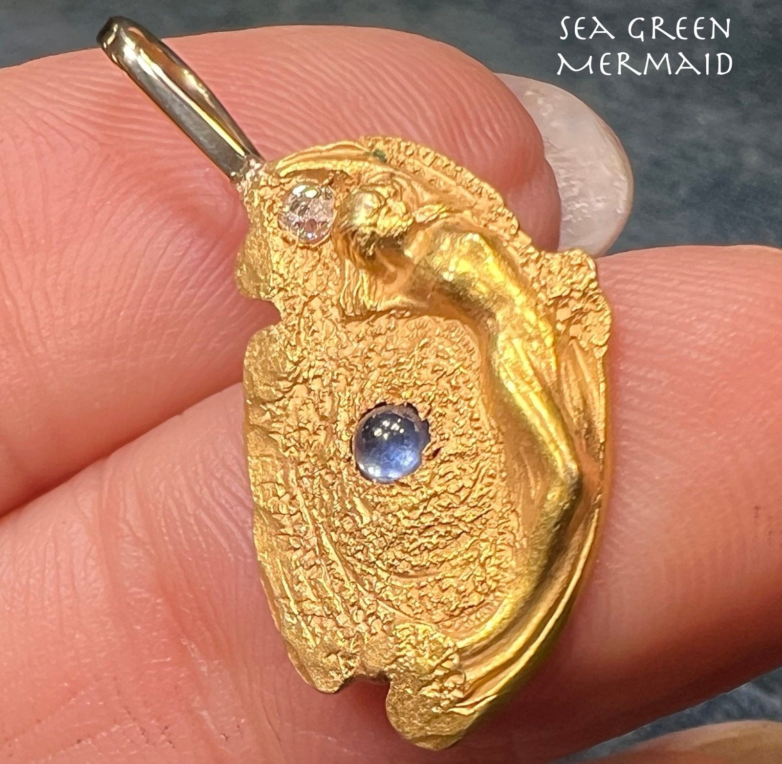 14k Gold MERMAID Pendant w Ceylon Blue Sapphire + Diamond. Art Nouveau ...