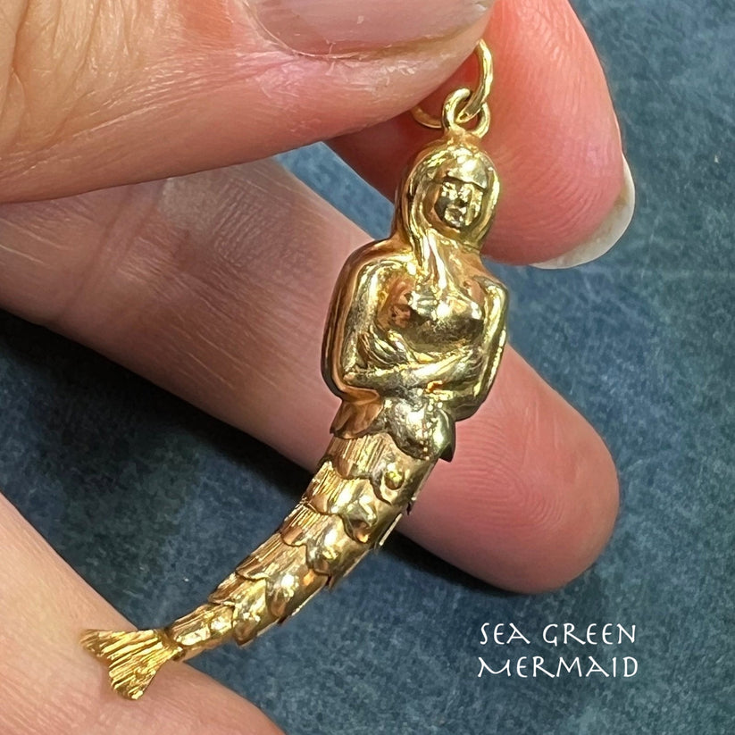 14k Gold Jointed Mermaid Pendant. Articulated Tail. 1.5" – Sea Green ...