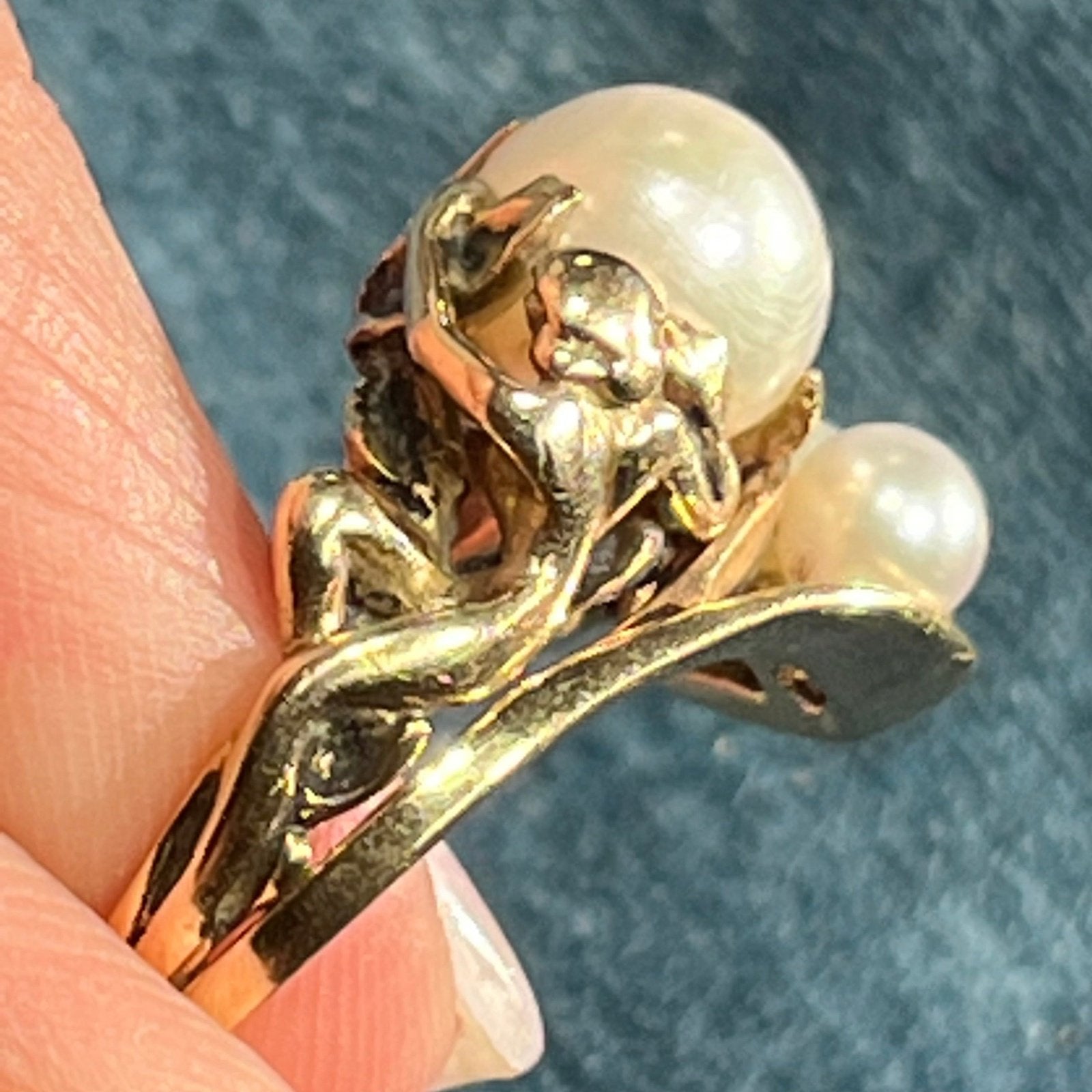14k Gold STRELL Nymph Fairy Ring w Pearls Diamond Sea Green Mermaid